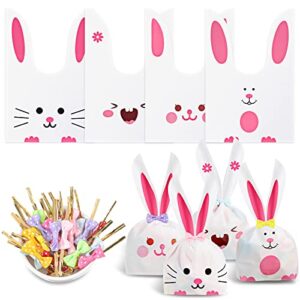 100 pcs cute bunny long ear candy gift bags easter goodie bags easter bunny gift bag plastic easter party treat bags with 100 twist tie bow for party favors, wedding birthday supplies