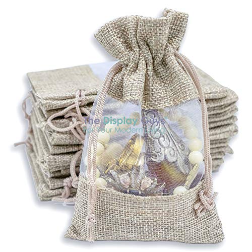 TheDisplayGuys - 12-Pack 5x7 Linen Burlap & Sheer Organza Gift Bag with Drawstring for Party Favors, Presents, Samples & Treats Mesh Pouch (Beige, Medium)