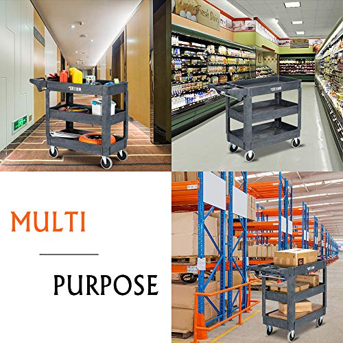 TUFFIOM Plastic Service Utility Cart with Wheels, 550lbs Capacity, Heavy Duty Tub W/Deep Shelves, Multipurpose Rolling 3-Tier Mobile Storage Organizer, for Warehouse Garage Industrial Cart