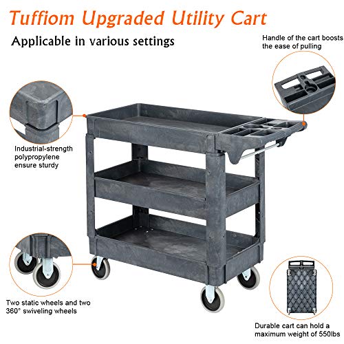 TUFFIOM Plastic Service Utility Cart with Wheels, 550lbs Capacity, Heavy Duty Tub W/Deep Shelves, Multipurpose Rolling 3-Tier Mobile Storage Organizer, for Warehouse Garage Industrial Cart