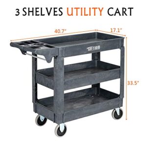 TUFFIOM Plastic Service Utility Cart with Wheels, 550lbs Capacity, Heavy Duty Tub W/Deep Shelves, Multipurpose Rolling 3-Tier Mobile Storage Organizer, for Warehouse Garage Industrial Cart