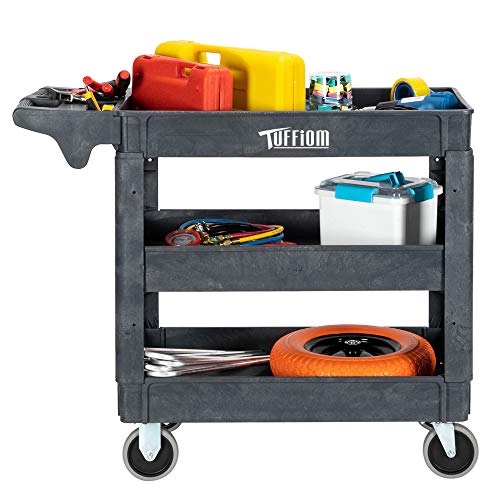 TUFFIOM Plastic Service Utility Cart with Wheels, 550lbs Capacity, Heavy Duty Tub W/Deep Shelves, Multipurpose Rolling 3-Tier Mobile Storage Organizer, for Warehouse Garage Industrial Cart