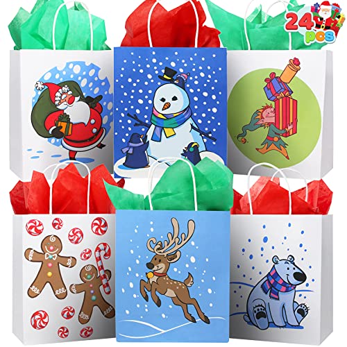 JOYIN 24 Christmas Kraft Paper Gift Bags with Handles Blue and White with Assorted Christmas Prints for Holiday Christmas Goody Bags, Xmas Gift Bags, School Classrooms and Party Favors