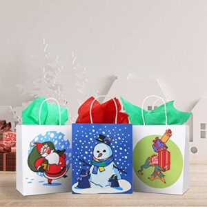 JOYIN 24 Christmas Kraft Paper Gift Bags with Handles Blue and White with Assorted Christmas Prints for Holiday Christmas Goody Bags, Xmas Gift Bags, School Classrooms and Party Favors