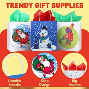 JOYIN 24 Christmas Kraft Paper Gift Bags with Handles Blue and White with Assorted Christmas Prints for Holiday Christmas Goody Bags, Xmas Gift Bags, School Classrooms and Party Favors