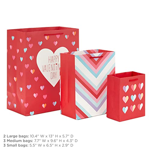 Hallmark Valentine's Day Assorted Size Gift Bags (8 Bags: 3 Small 6", 3 Medium 9", 2 Large 13") Hearts and Stripes