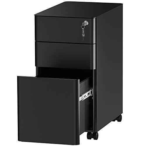 YITAHOME 3-Drawer Slim File Cabinet with Lock, Mobile Metal Office Storage Filing Cabinet, Legal/Letter Size, Pre-Assembled File Cabinet Except Wheels Under Desk - Black