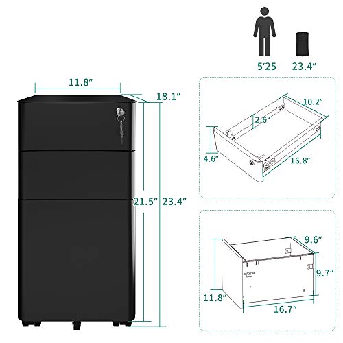 YITAHOME 3-Drawer Slim File Cabinet with Lock, Mobile Metal Office Storage Filing Cabinet, Legal/Letter Size, Pre-Assembled File Cabinet Except Wheels Under Desk - Black