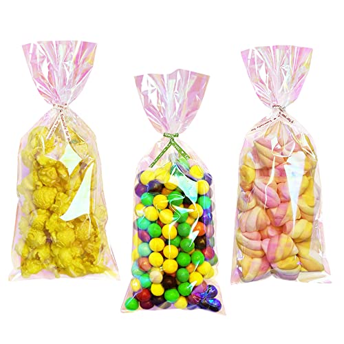 Yotelab Easter Cellophane Treat Bags, 4x9 Inches Iridescent Holographic Cellophane Goodie Bags, Party Favors Bags with Twist Ties,100Pieces