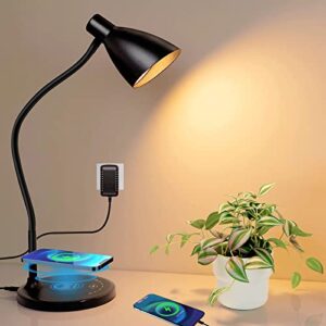 kaisnova desk lamp with wireless charger & usb charging port, 60 led desk lamps for home office, 5 color & 7 levels brightness touch control table lamp, gooseneck desk lamps for bedroom bedside dorm