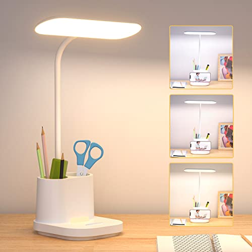 YOUKOYI LED Desk Lamps for Home Office, Rechargeable Battery Operated Desk Lamp with Touch Control, Stepless Dimming, 3 Color Modes, Pen Holder and Night Light- Gooseneck Desk light for Study, Reading