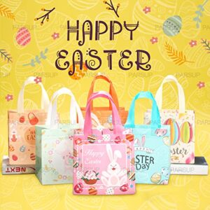 6PCS Easter Egg Hunt Bags Happy Easter Bunny Carrot Chick Egg Gift Bags with Handles, Easter Treat Bags, Multifunctional Non-Woven Easter Bags for Gifts Wrapping, Egg Hunt Game, Easter Party Supplies , 8.3×7.9×5.9inch