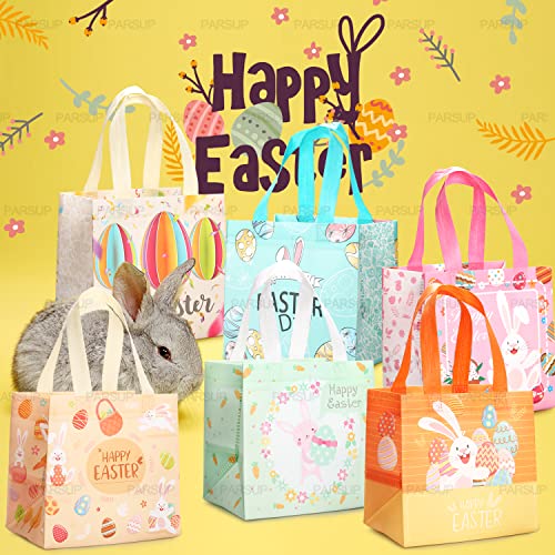 6PCS Easter Egg Hunt Bags Happy Easter Bunny Carrot Chick Egg Gift Bags with Handles, Easter Treat Bags, Multifunctional Non-Woven Easter Bags for Gifts Wrapping, Egg Hunt Game, Easter Party Supplies , 8.3×7.9×5.9inch