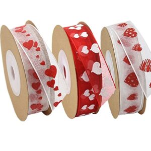 valentine’s day ribbons love heart ribbon for gift wrapping crafts wedding 3 rolls (red & white*2)