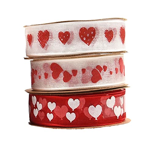 Valentine's Day Ribbons Love Heart Ribbon for Gift Wrapping Crafts Wedding 3 Rolls (Red & White*2)