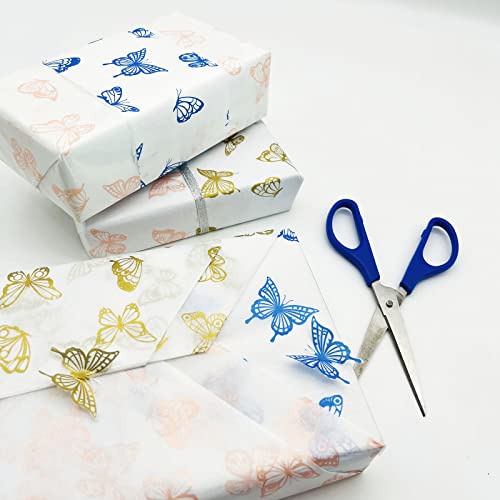 TTLLQQ 60Pcs 20x26inch Gold Rose Gold Pearl Blue Butterfly Tissue Paper Sheets, Gold Wrapping Tissue Paper Bulk for Packaging for Christmas Wedding Birthday Party Baby Showers DIY Crafts Arts