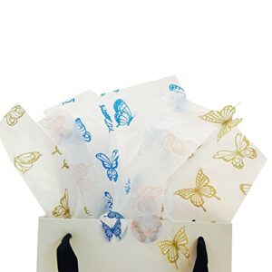 TTLLQQ 60Pcs 20x26inch Gold Rose Gold Pearl Blue Butterfly Tissue Paper Sheets, Gold Wrapping Tissue Paper Bulk for Packaging for Christmas Wedding Birthday Party Baby Showers DIY Crafts Arts