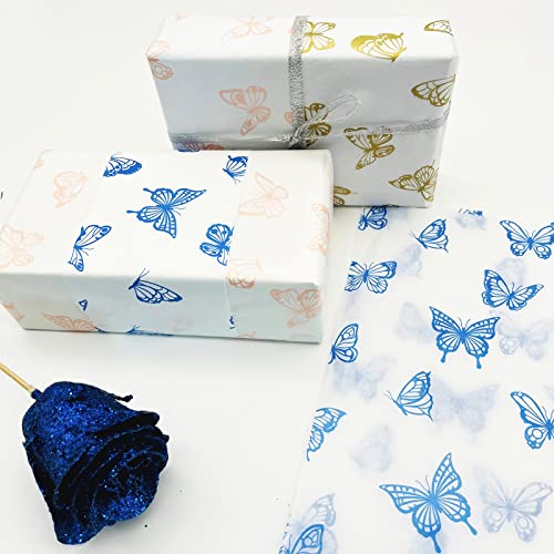 TTLLQQ 60Pcs 20x26inch Gold Rose Gold Pearl Blue Butterfly Tissue Paper Sheets, Gold Wrapping Tissue Paper Bulk for Packaging for Christmas Wedding Birthday Party Baby Showers DIY Crafts Arts