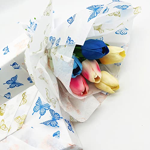 TTLLQQ 60Pcs 20x26inch Gold Rose Gold Pearl Blue Butterfly Tissue Paper Sheets, Gold Wrapping Tissue Paper Bulk for Packaging for Christmas Wedding Birthday Party Baby Showers DIY Crafts Arts