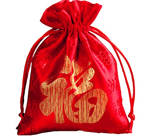 10Pcs Good Luck Fortune Gift Bags Drawstring Bag Chinese Silk Embroidered Brocade Bag Damask Jewelry Product Packing Pouch Christmas/Wedding Gift Bag,Red