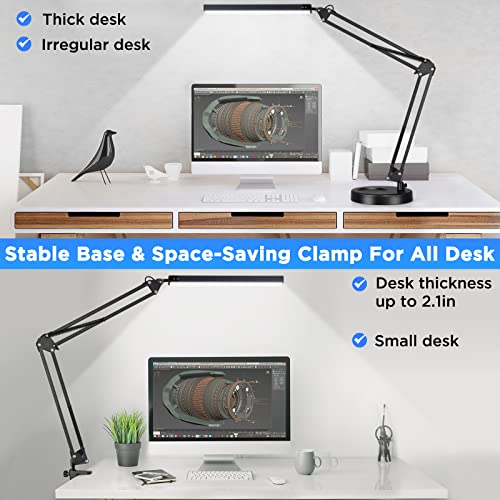 IVMAIE LED Desk Lamp with Clamp & Round Base & Adapter, 3 Colors 10 Brightness Eye-Caring Architect Desk Light with Memory Function, 360° Spin Tall Swing Arm Desk Lamps for Home Office