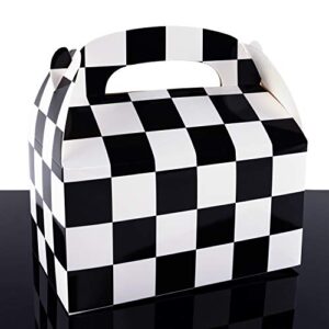 12 Pack Black and White Checker Racing Flag Pennant Treat Gift Paper Cardboard Boxes with Handles for Crafts Candy Goodie Bags, Picnic Snacks, Birthday Party Favors (6.25" x 3 1/2" x 3.25")