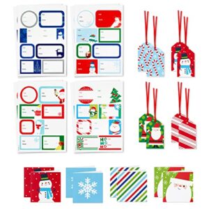 hallmark christmas gift tags with ribbon, sticker seals, and mini notecards (santa, snowman, stripes, red, green, blue) for gift bags and wrapped presents