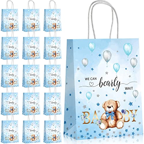 16 Pack Bear Baby Shower Bags Paper Bear Party Bags with Handles We Can Bearly Wait Gift Bags Bear Balloon Star Flower Goodie Bags for Kids Birthday Party and Baby Shower Favors Supplies