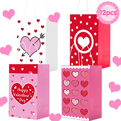 MISS FANTASY Valentine Gift Bags 12 Pack Valentine Day Gift Bags for Kids Party Valentine Paper Goodie Bags Valentine Cookie Candy Bags with Handles for Valentine Party Supplies