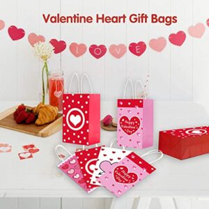 MISS FANTASY Valentine Gift Bags 12 Pack Valentine Day Gift Bags for Kids Party Valentine Paper Goodie Bags Valentine Cookie Candy Bags with Handles for Valentine Party Supplies