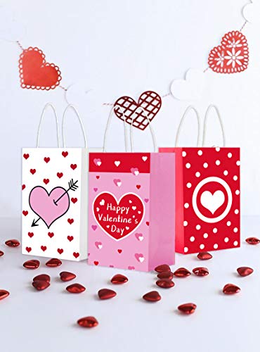 MISS FANTASY Valentine Gift Bags 12 Pack Valentine Day Gift Bags for Kids Party Valentine Paper Goodie Bags Valentine Cookie Candy Bags with Handles for Valentine Party Supplies