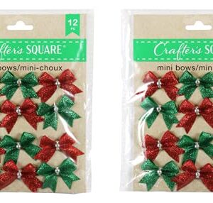 Crafters Square Mini Bows - Red and Green - 24 Mini Bows - Approximately 1 1/2 inches