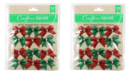 Crafters Square Mini Bows - Red and Green - 24 Mini Bows - Approximately 1 1/2 inches