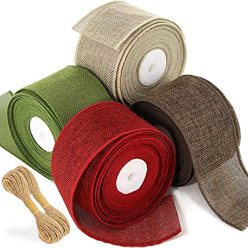 JACK CHLOE 32Yards 2-1/2'' Christmas Ribbon Wired, Burlap Ribbon Rolls in Spring Green Scarlet Dark Brown Khaki, Prefect Wired Christmas Ribbon for Decor Gift Wrapping Christmas Tree Bows Wedding.