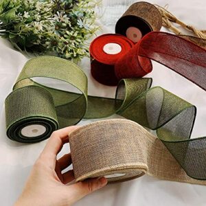 JACK CHLOE 32Yards 2-1/2'' Christmas Ribbon Wired, Burlap Ribbon Rolls in Spring Green Scarlet Dark Brown Khaki, Prefect Wired Christmas Ribbon for Decor Gift Wrapping Christmas Tree Bows Wedding.