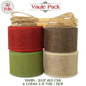 JACK CHLOE 32Yards 2-1/2'' Christmas Ribbon Wired, Burlap Ribbon Rolls in Spring Green Scarlet Dark Brown Khaki, Prefect Wired Christmas Ribbon for Decor Gift Wrapping Christmas Tree Bows Wedding.