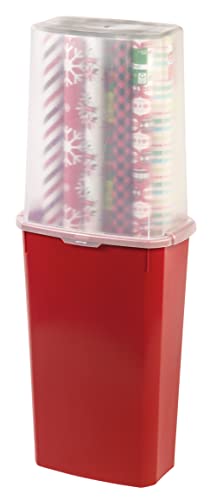 IRIS USA 40" Wrapping Paper Storage Container with Built-in Handles, 1 Pack, Fits up to 20 Rolls of Wrapping Paper, Holiday Storage-Bin, Vertical Christmas Birthday Gift Wrapping Organizer, Clear/Red