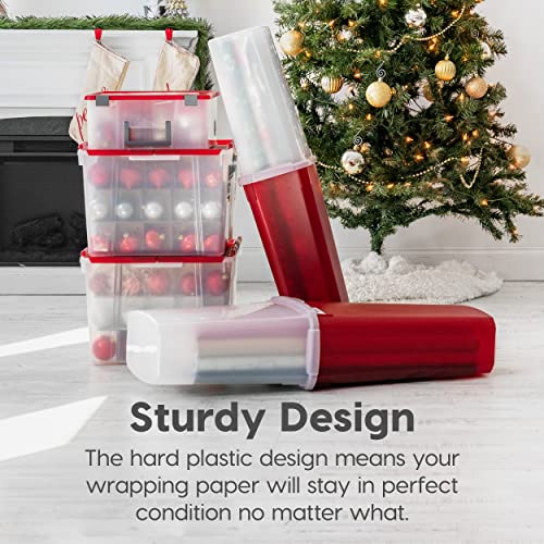 IRIS USA 40" Wrapping Paper Storage Container with Built-in Handles, 1 Pack, Fits up to 20 Rolls of Wrapping Paper, Holiday Storage-Bin, Vertical Christmas Birthday Gift Wrapping Organizer, Clear/Red