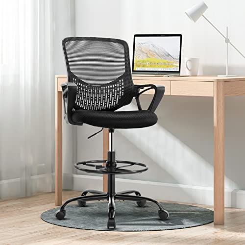 Drafting Chair, Ergonomic Tall Office Chair, Mid Back Mesh Standing Desk Chair with Adjustable Foot Ring and Armrest, Swivel Rolling Counter Height High Work Stool, Black