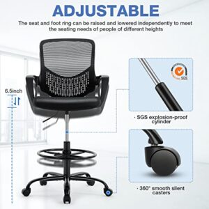 Drafting Chair, Ergonomic Tall Office Chair, Mid Back Mesh Standing Desk Chair with Adjustable Foot Ring and Armrest, Swivel Rolling Counter Height High Work Stool, Black