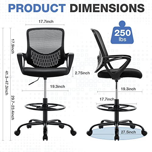 Drafting Chair, Ergonomic Tall Office Chair, Mid Back Mesh Standing Desk Chair with Adjustable Foot Ring and Armrest, Swivel Rolling Counter Height High Work Stool, Black