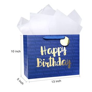 Loveinside Blue Birthday Gift Bag with Tissue Paper for Birthday, Baby Shower, Party, and More - 13" x 10" x 5", 1 Pcs