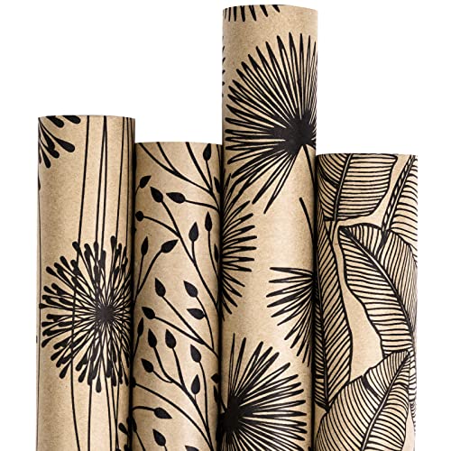 RUSPEPA Wrapping Paper Kraft Paper - Plants All-Black Paint Design - 4 Rolls - 30 inches x 10 feet per Roll