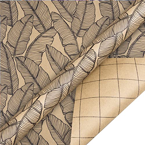 RUSPEPA Wrapping Paper Kraft Paper - Plants All-Black Paint Design - 4 Rolls - 30 inches x 10 feet per Roll