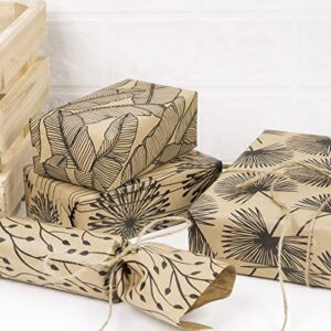 RUSPEPA Wrapping Paper Kraft Paper - Plants All-Black Paint Design - 4 Rolls - 30 inches x 10 feet per Roll