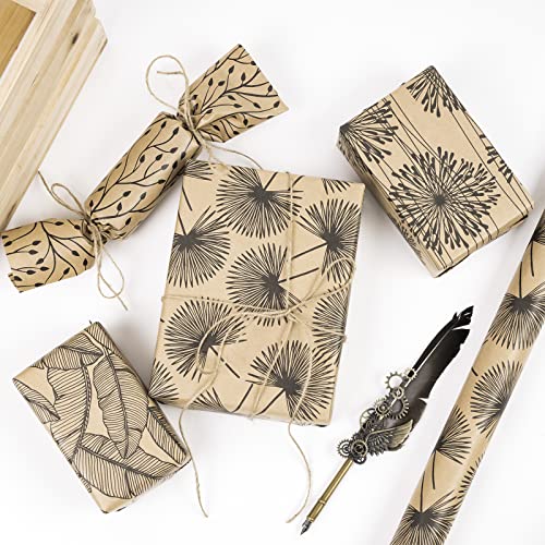 RUSPEPA Wrapping Paper Kraft Paper - Plants All-Black Paint Design - 4 Rolls - 30 inches x 10 feet per Roll