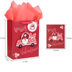 MAYPLUSS 13" Large Valentine's Day Gift Bag with Greeting Card and Tissue Paper - Red Gnome