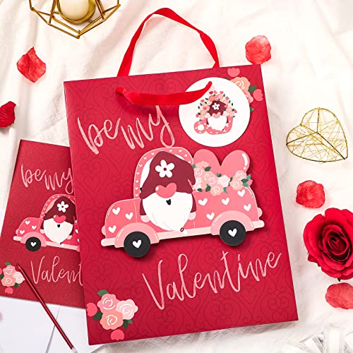 MAYPLUSS 13" Large Valentine's Day Gift Bag with Greeting Card and Tissue Paper - Red Gnome