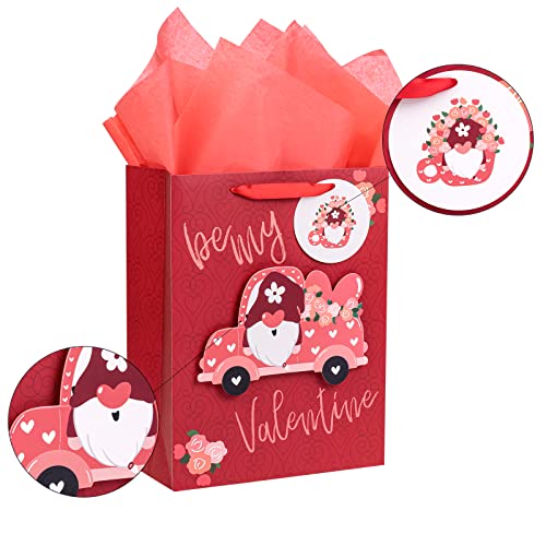 MAYPLUSS 13" Large Valentine's Day Gift Bag with Greeting Card and Tissue Paper - Red Gnome