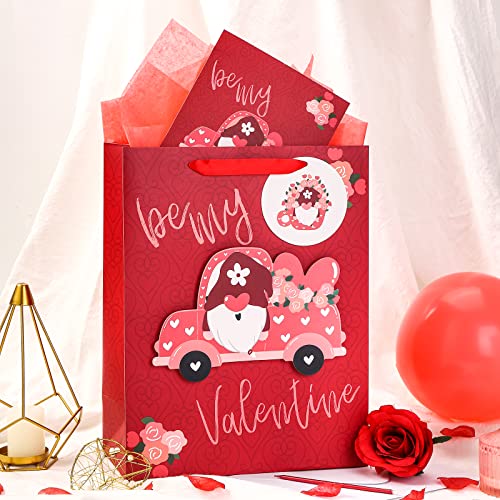 MAYPLUSS 13" Large Valentine's Day Gift Bag with Greeting Card and Tissue Paper - Red Gnome